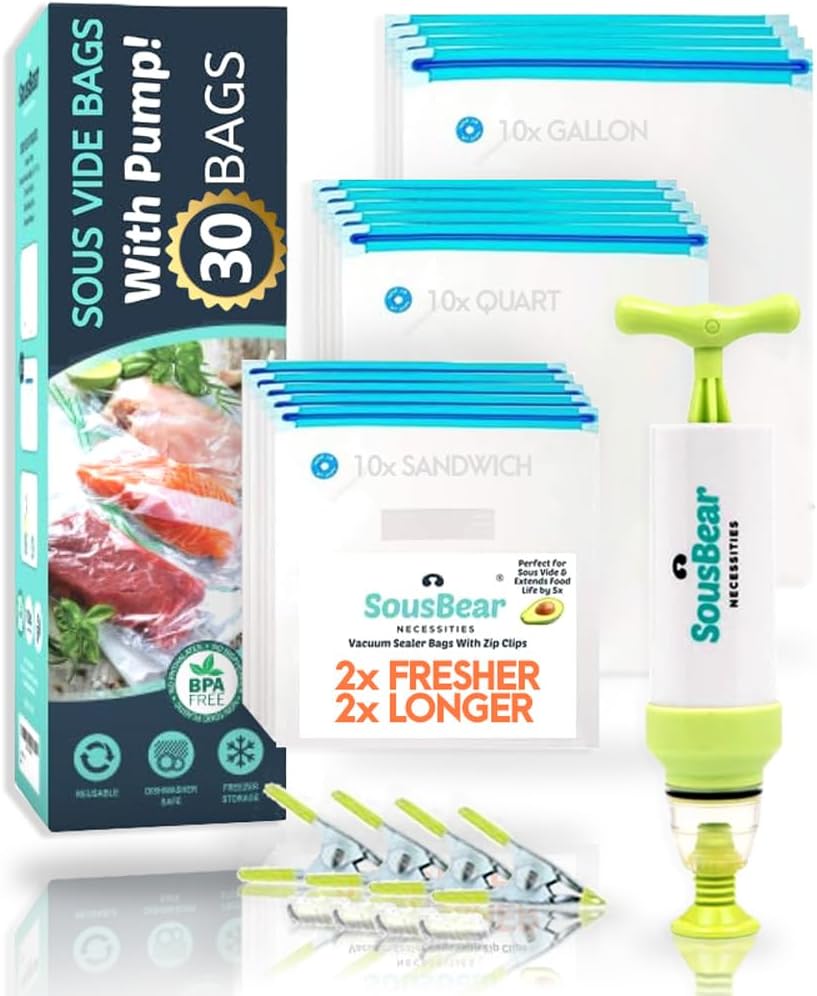 Sous Vide Bags with Pump 30count Pint Quart Gallon Reusable Bags SousBear